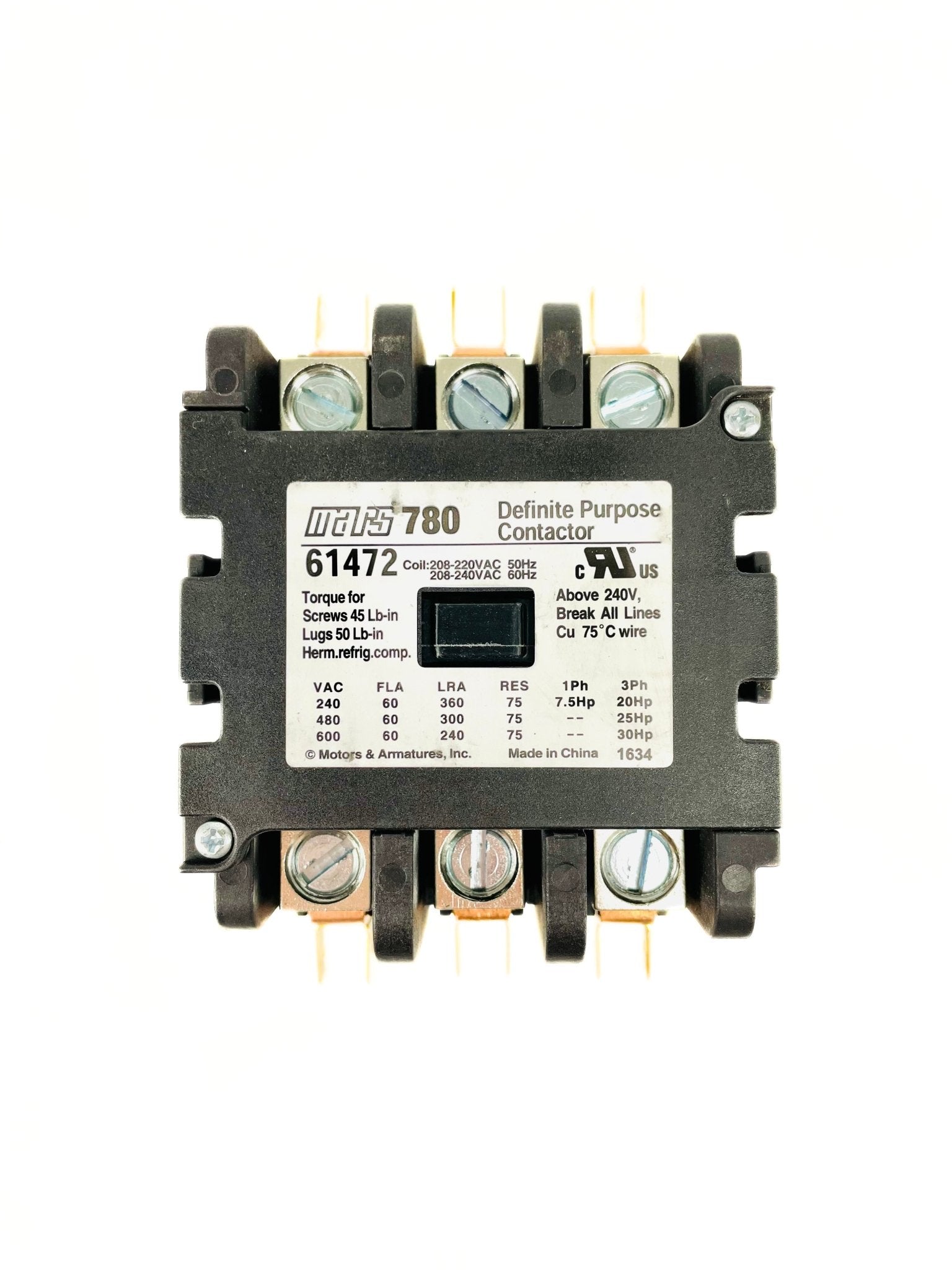 Mars 3 Pole 60 Amp 208-240V Definite Purpose Contactor 61472